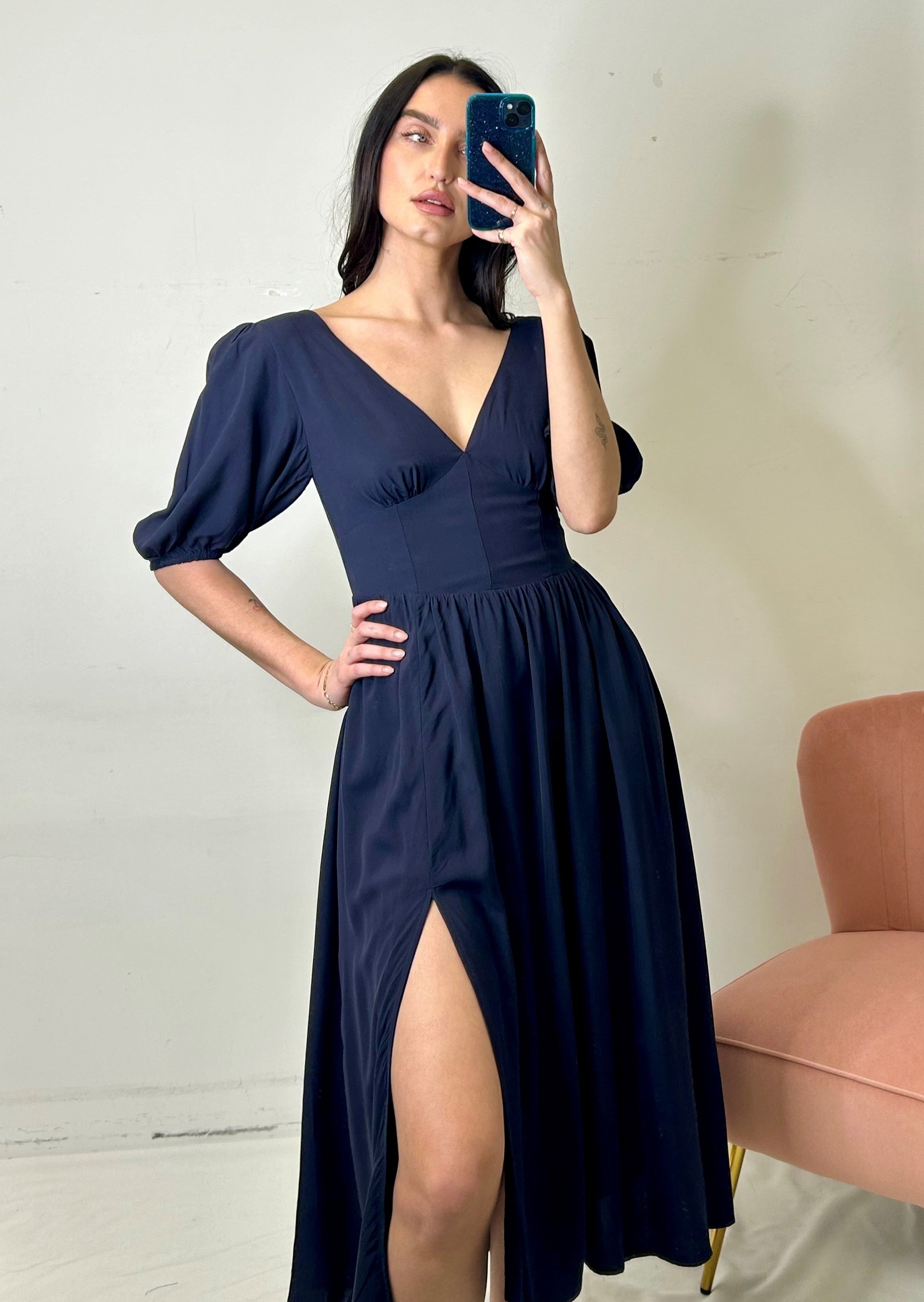 Molly Bracken Long Smocked Back Flowy Dress - Navy – Shop The Pink Door